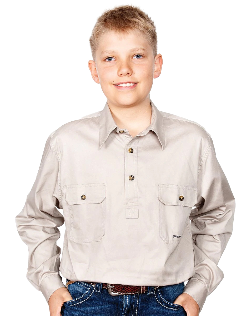 Buy Just Country Boys Lachlan Half Button Work Shirt (30303) Stone M/8-9 Online Australia