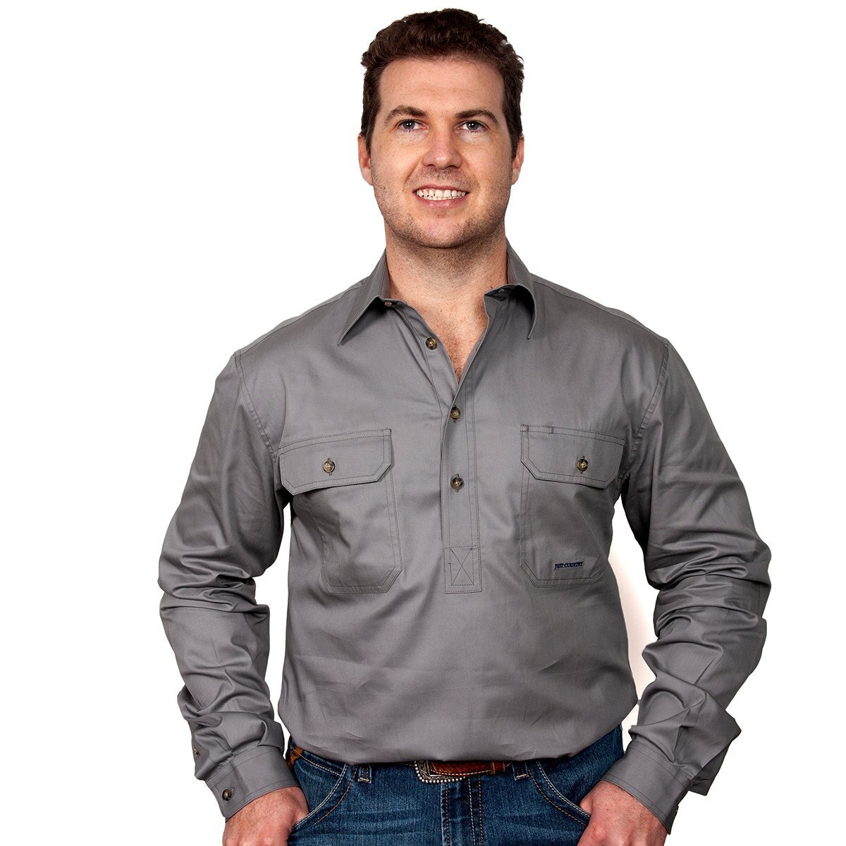 Just Country Mens Cameron Half Button Work Shirt (10101) Steel Grey ...